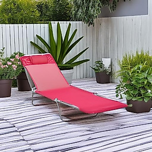 Outsunny Folding Chaise Lounge Chair, Pool Sun Tanning Chair, Outdoor Lounge Chair with Reclining Back, Breathable Mesh Seat, Headrest for Beach, Yard, Patio, Pink