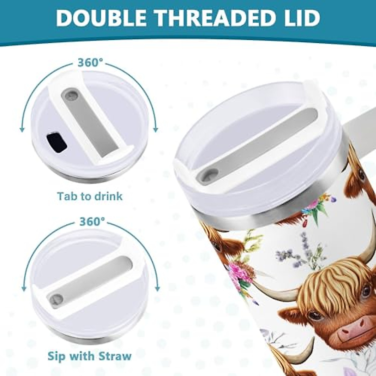 RPLIFE Cute Highland Cow Stainless Steel Coffee Tumbler, Insulated Cup with Straw, Tumbler for Men