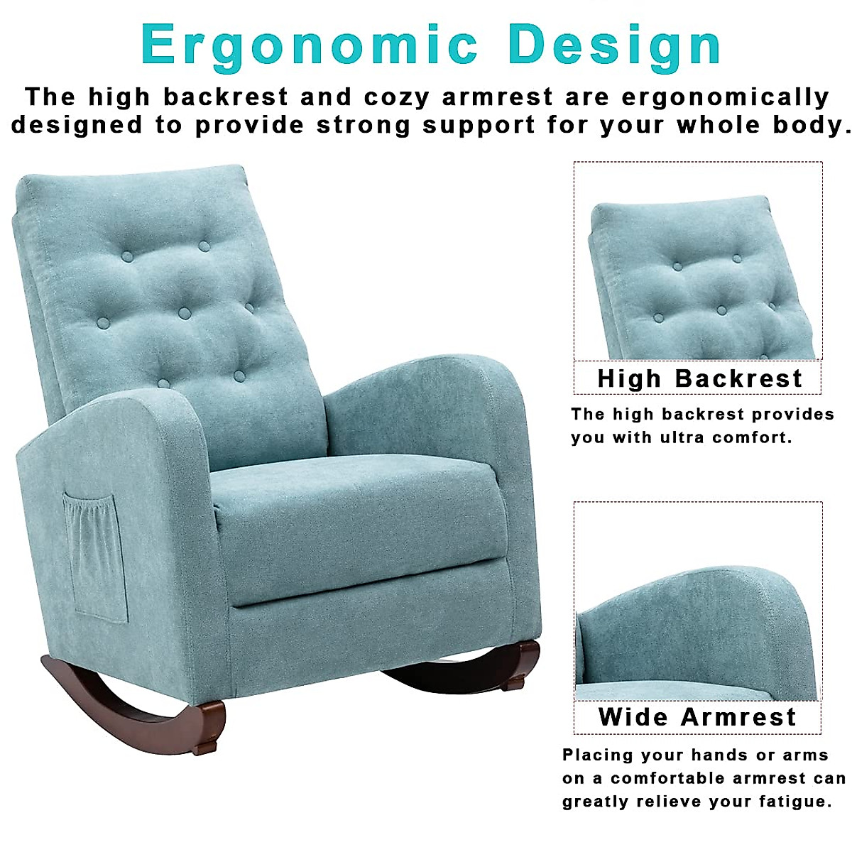 Baysitone Rocking Accent Chair, Tufted Upholstered Luxury Cotton Lounge Chair, Glider Rocker Armchair with Side Pocket for Nursery, Living Room, Bedroom, 300 lbs Strong Support (Mint Green + Cotton)