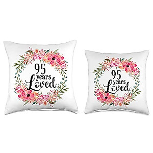 Floral 90 Years Loved Mom Grandma Birthday Gift Floral Loved 95 Year Old Grandma 95th Birthday Gift Throw Pillow, 16x16, Multicolor