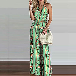 Women's Summer Halter Backless High Waist Loose Leg Floral Print Jumpsuit Long Pants(Green, XL)