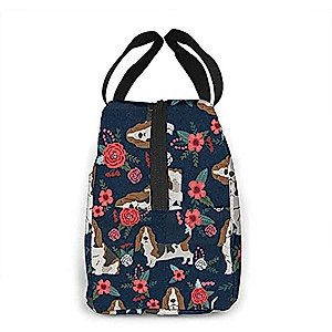 Lunch Bag Basset Hound Floral Dog Dog With Flowers Navy Blue Lunch Box Insulated Bag Tote Bag For Men/Women Work Travel