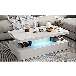 IKIFLY Modern High Glossy White Coffee Table with 16 Colors LED Lights, Contemporary Rectangle Design Living Room Furniture, 2 Tiers