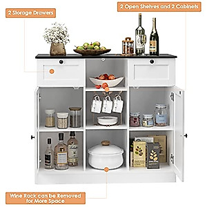 HOSTACK Buffet Sideboard Cabinet, Wine Bar Cabinet with Drawers and Removable Wine Rack, Coffee Bar Storage Cabinet with Shelves for Kitchen, Dining Room, Living Room, White