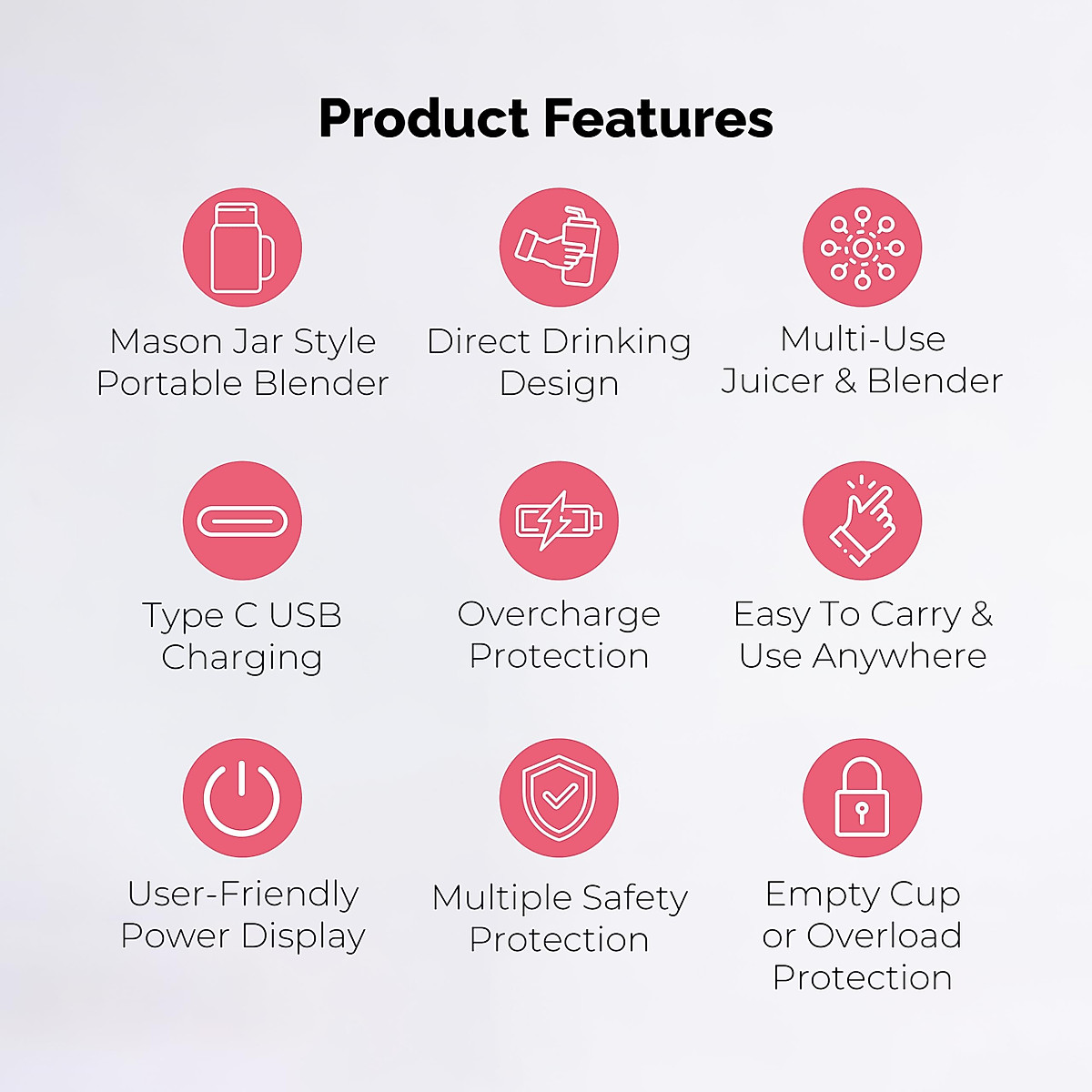 BlendQuik, Personal Portable Blender For Shakes & Smoothies, Leakproof & Stylish Portable Mason Jar Shaker, Rechargeable Mini Blender with 10-Blade Blending System 14oz, Pink