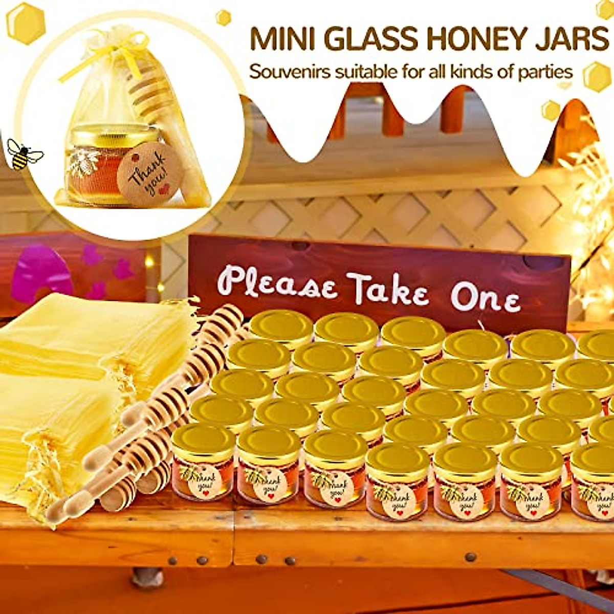 50 Pcs 1oz Small Glass Jars with Lids Mini Honey Jars with Wood Dipper, Bee Charms, Golden Gift Bags, Jutes, and Tags, Jars with Golden Lids for Baby Shower, Wedding, and Party Favors