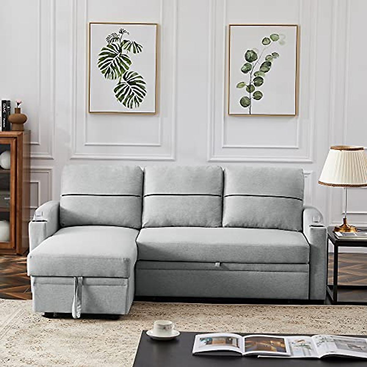 Yoglad Reversible Sectional Sofa Chaise for Living Room, Pull Out Bed Sleeper Couch with Storage, 81 inch Wide L-Shaped Couch with 2 Cup Holder, Gray Linen
