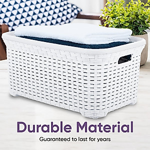 Superio Wicker Style Laundry Basket with Cutout Handles 50 Liter White Easy Storage Dirty Clothes in Washroom, Bathroom, or Bedroom