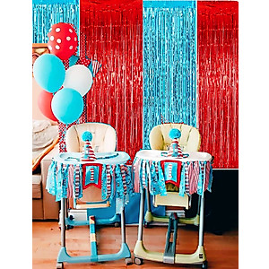 Dr Cat in The Hat Birthday Party Decorations/Thing 1 Thing 2 Party Decorations Dr. Baby Shower Decorations/Nurse Graduation Deorations/Blue Red Fringe Foil Curtains 4pcs