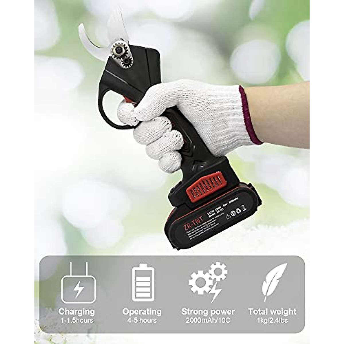 ZR-TNT Electric Pruning Shears Cordless 21V with 2000mAh 2PCS Lithium Battery and Matching Tools,30mm (1.2″) Cutting Diameter,Tree Branch Flowering Bushes Trimmers for Gardening (Black)