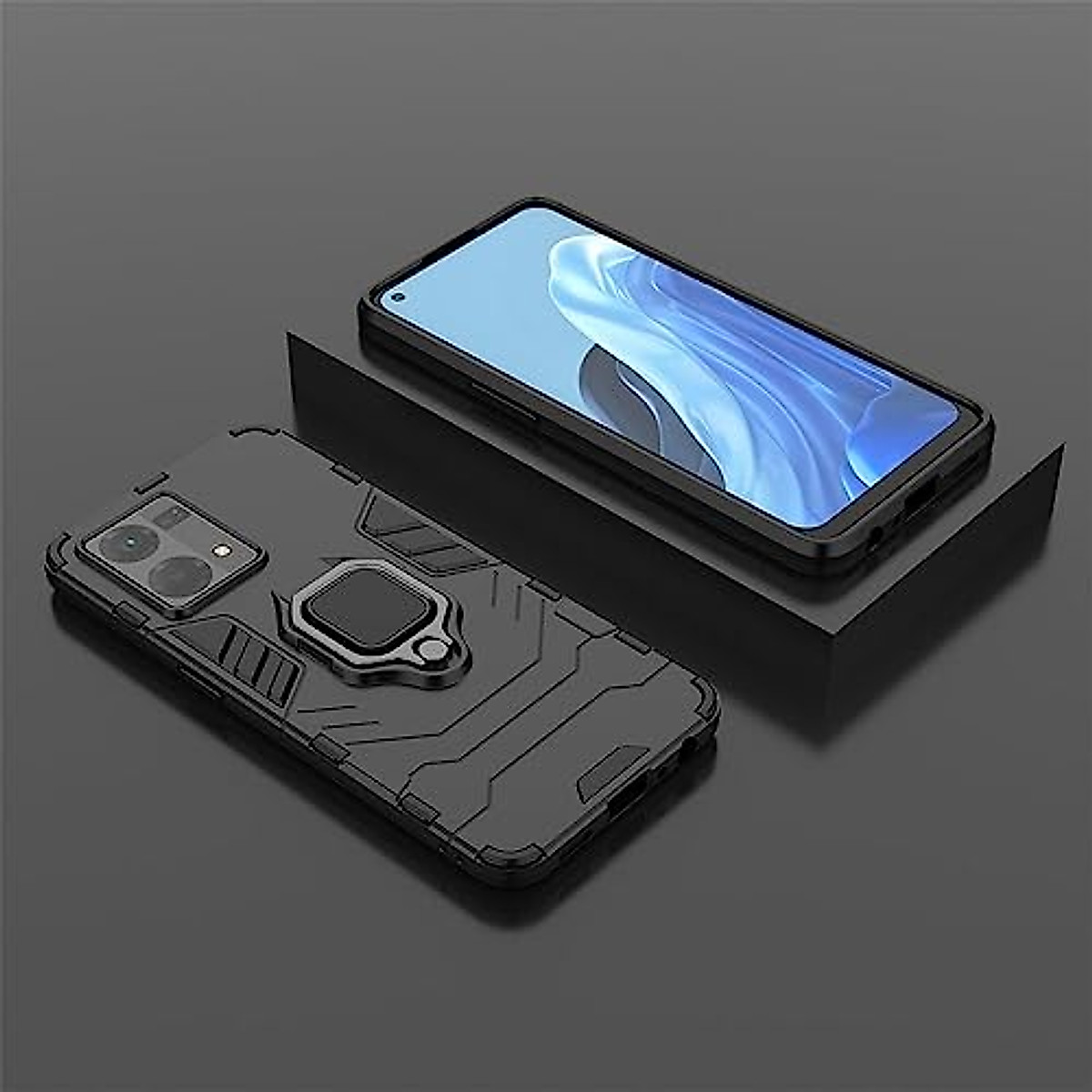 SATURCASE Case for Oppo Reno 7 4G / F21 Pro 4G, Ring Kickstand Hybrid 2 in 1 [PC & Silicone] Dual-Layer Bumper Shockproof Protective Cover for Oppo Reno 7 4G / F21 Pro 4G (HZ-Black)