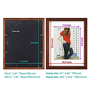 RPJC 11x14 Picture Frames Made of Solid Wood and High Definition Glass Display Pictures 8x10 with Mat or 11x14 Without Mat for Wall Mounting Brown