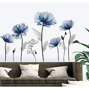 decalmile Large Blue Flower Wall Decals Floral Plants Wall Stickers Bedroom Living Room Kitchen Wall Decor Gifts for Mom