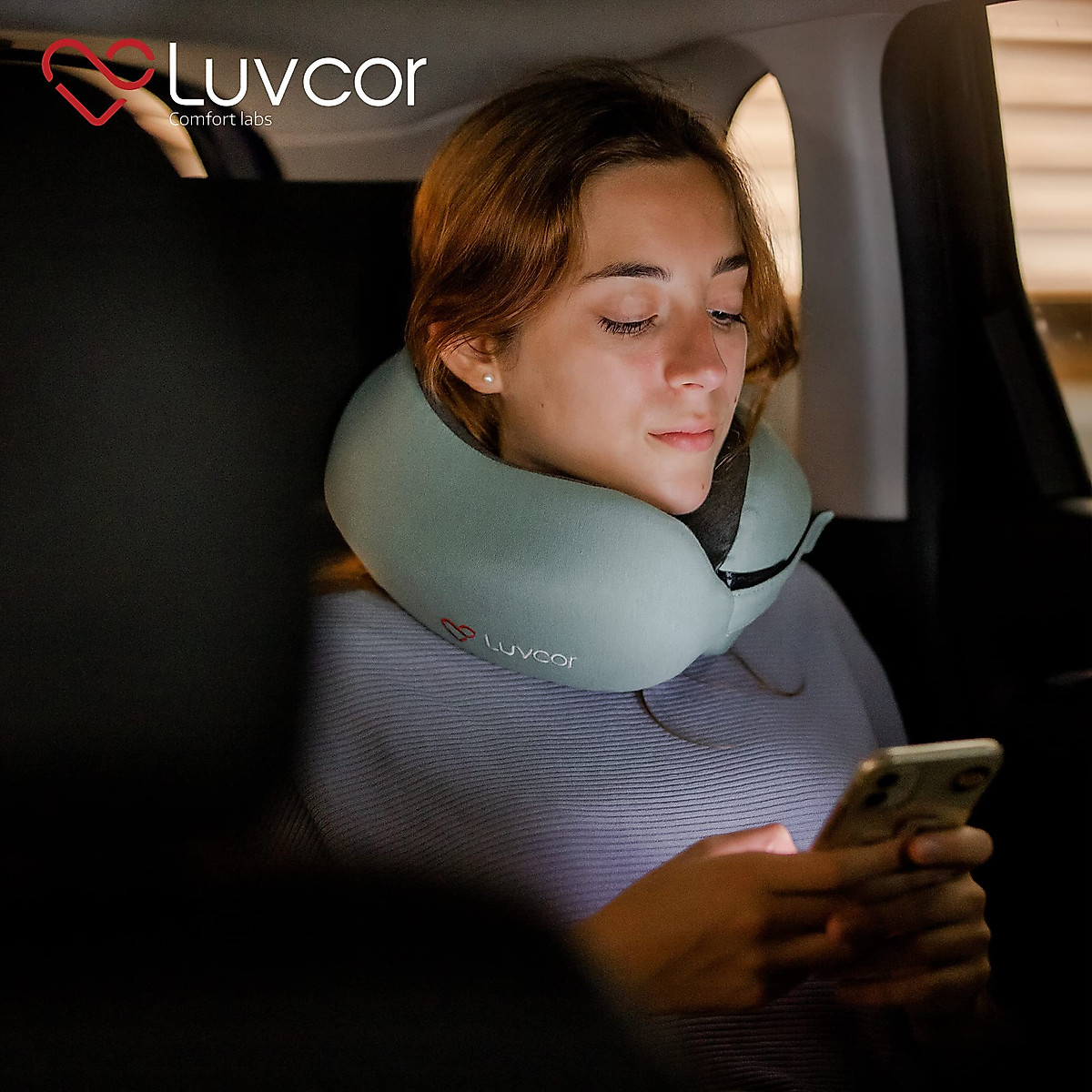 Luvcor Premium Quality Memory Foam Travel Neck Pillow Bundle - Best Ergonomic Pillow for Airplane Travel, car Ride, Sleeping. Comes with Eye mask, earplugs and Storage Bag. (Imperial Green)