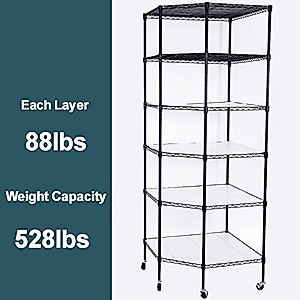 Ymlpre Corner Wire Shelf Adjustable Metal Shelving Unit 6 Shelf Storage Shelves with Wheels Wire Rackfor Kitchen, Bathroom, Laundry, Pantry, Close, 26.77" D x 26.77" W x 72.83" H, Black 6-Tier
