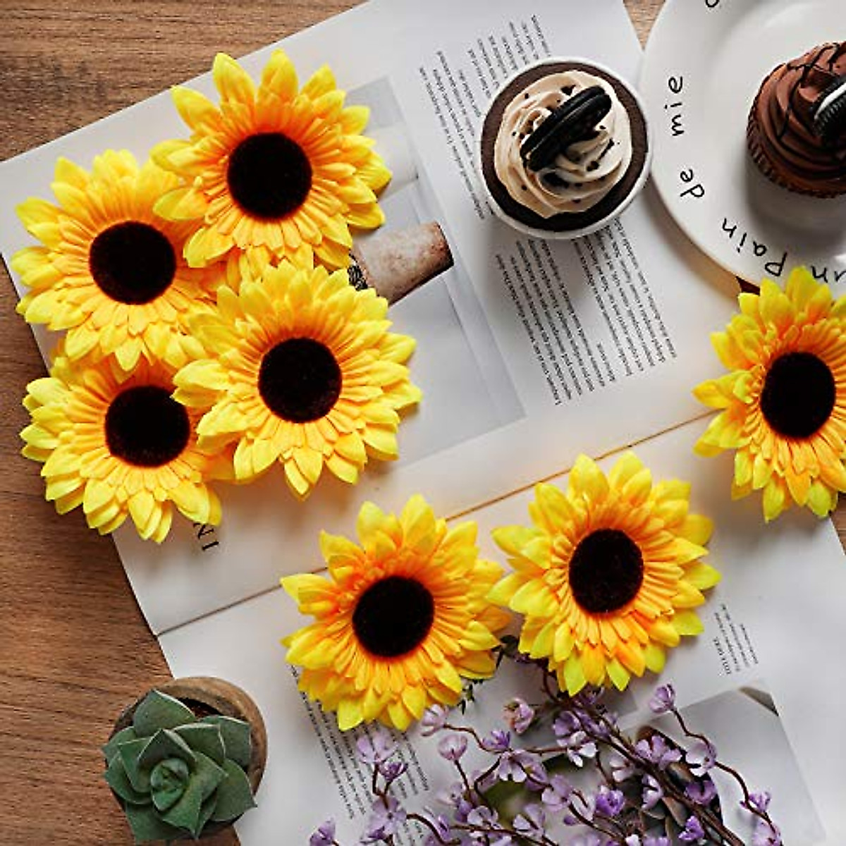 Whonline 60pcs 3.9inch Sunflowers Artificial Flowers, Sunflower Decor, Fake Silk Sunflower Heads for Crafts Christmas Tree Garland Birthday Home Party Decorations