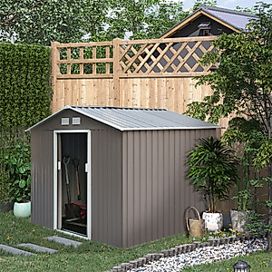 Outsunny 9' x 6' Outdoor Storage Shed, Garden Tool Metal Shed with Foundation Kit, Double Lockable Door, Air Vents and Sloping Roof, for Backyard, Patio, Lawn, Gray