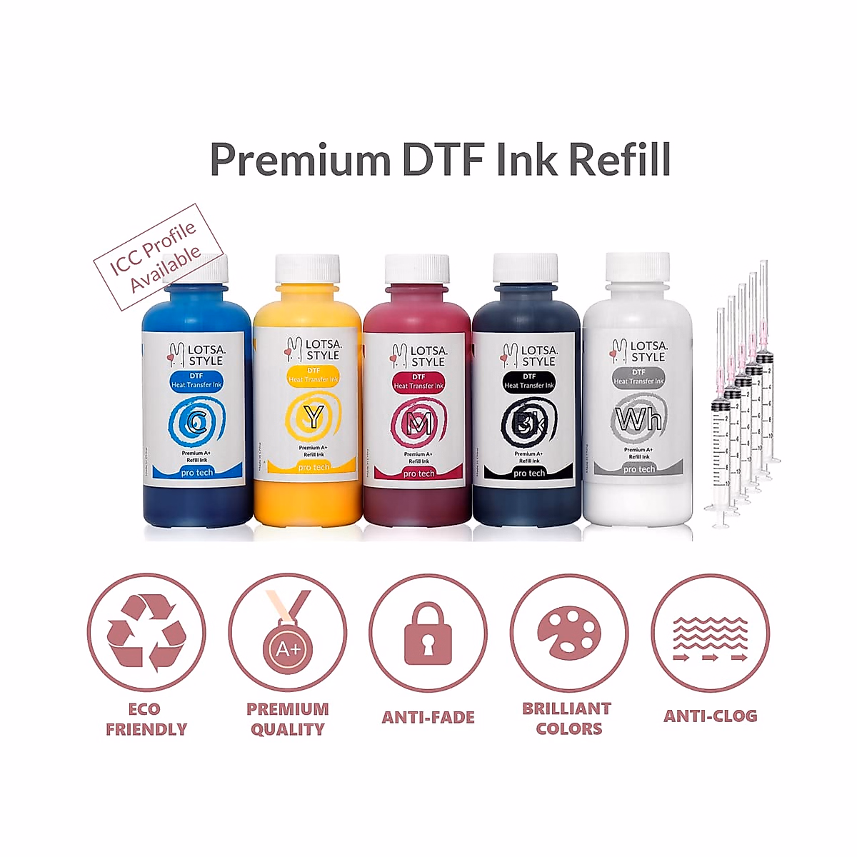 LOTSA. STYLE Premium DTF Ink Refill for Inkjet Printers Heat Transfer Film Printing (120ml x 6, CMYK Wh)