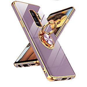 LeYi for Galaxy S9 Plus Phone Case: 360° Rotatable Ring Holder Magnetic Kickstand [ Not Applicable Samsung S9 ], Plating Rose Gold Edge Protective Case, Purple
