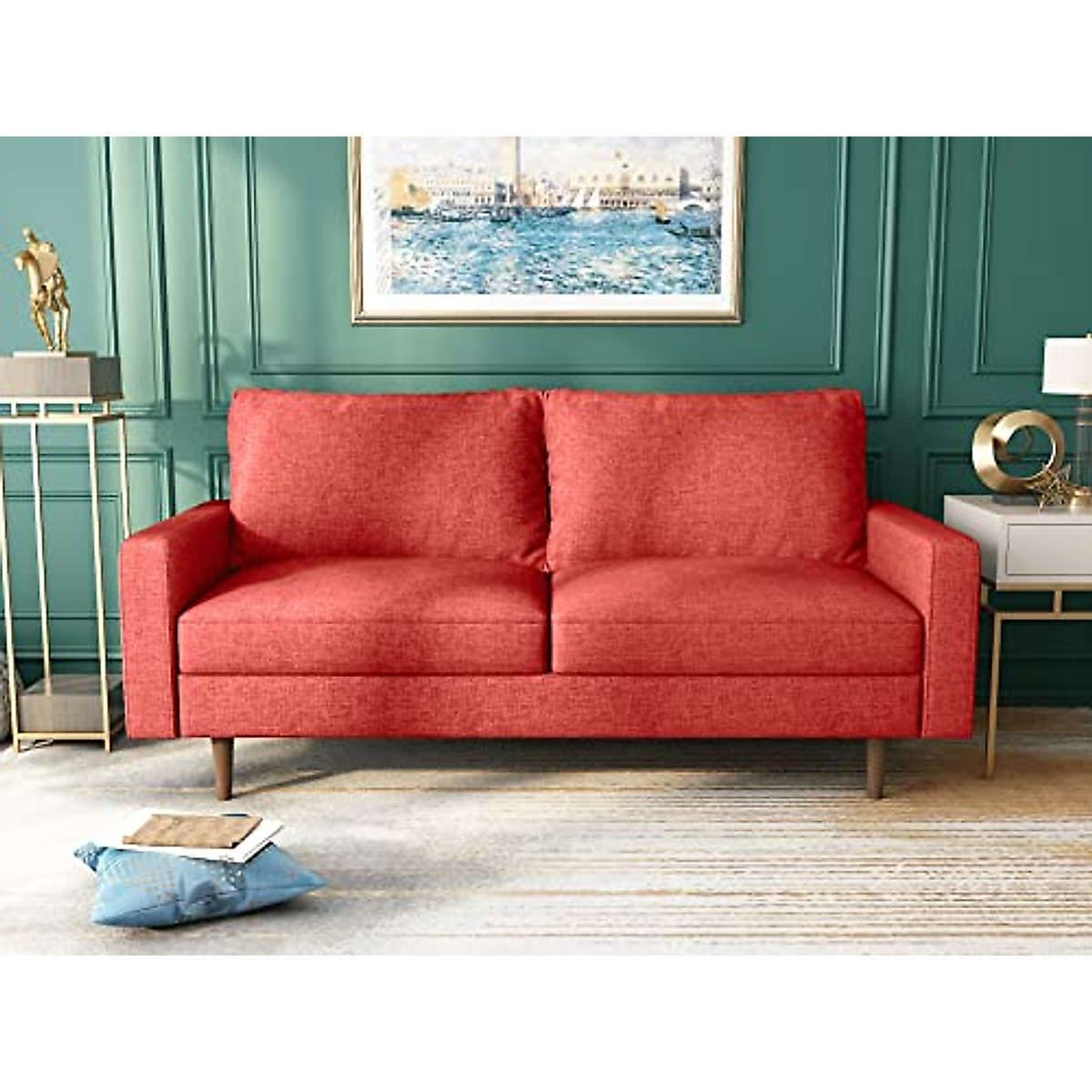 Meeyar Inborn Love Seat Sofa Couch,Sectional 2 Cushion in Small Living Room Office Space,Mid Century Modern Fabric Sofa Couch,Natural Wood Led,Soft Seat Couch,70inch,O Red