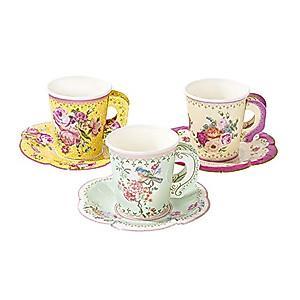 Talking Tables Truly Scrumptious Party Vintage Floral Tea Cups and Saucer Sets, Pack of 12, Height 8cm, 3", Mixed Colors