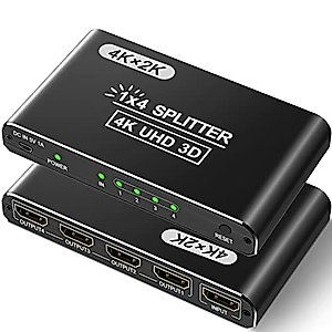 Movcle HDMI Splitter 1 in 4 Out, 4K HDMI Splitter for Dual Monitors/Mirror, Supports 4Kx2K@30Hz 3D Full HD 1080P for Xbox PS4 Blu-Ray Player Fire Stick Roku Apple TV (1 Source onto 4 Displays)