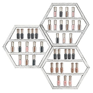 Essential Oils Storage Shelf Wall Mounted Rustic Nail Polish Rack Organizer Wood Farmhouse Hexagonal Floating Shelves for Bathroom Bedroom Living Room Office, Rustic White