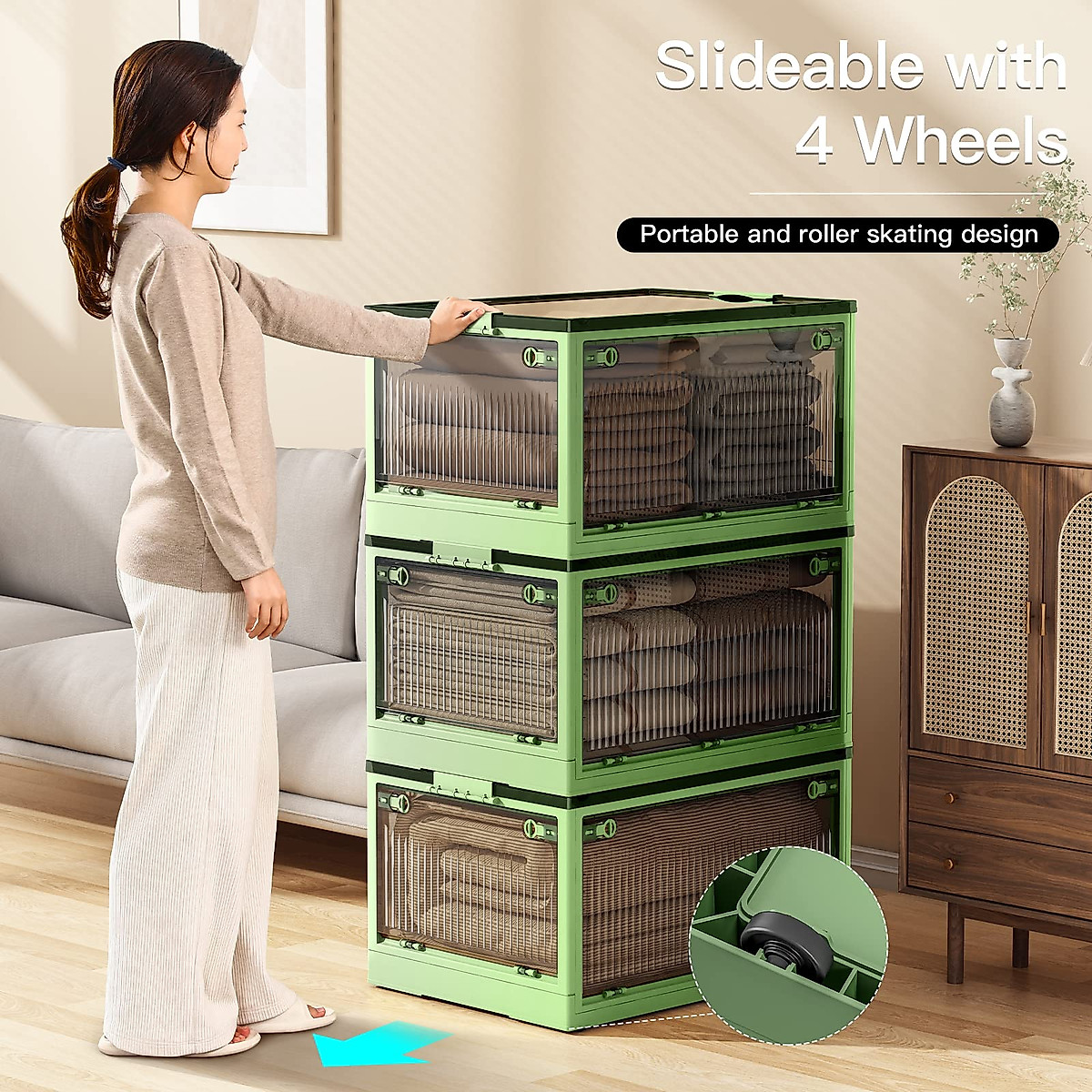 submatches Collapsible Lided Storage Box,Transparent Plastic Folding Box with 5 Doors Opening,54L Stackable Folding Bins with 4 Wheels,Green,1 Pack