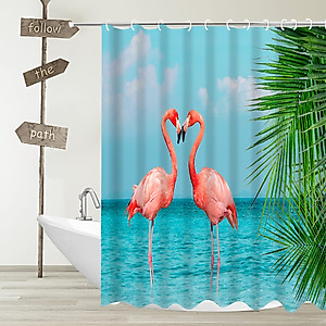 YUYASM Tropical Beach Shower Curtain Fabric Blue Ocean Pink Flamingo Couple Green Palm Leaves Summer Nautical Decor Bathroom Bath Curtains with Hooks 70x70 Inches