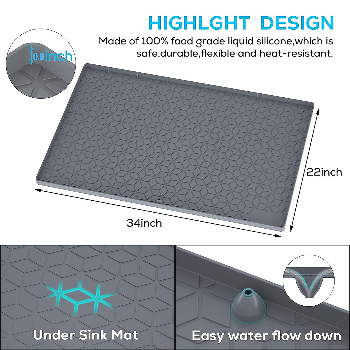 Under Sink Organizer Tray - Silicone Sink Liner with Drain Hole - Fits 36 inch Cabinet (Grey, 34X22)