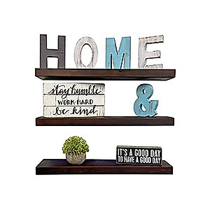 Mark One Home Goods Rustic Farmhouse 3 Tier Justified Floating Wood Shelf - Floating Wall Shelves (Set of 3), Hardware and Fasteners Included (Dark Walnut, 16")