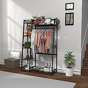 WTZ Clothes Rack, Bamboo Garment Rack with Shelves, Clothing Rack for Hanging Clothes, Freestanding Closet Organizer for Living Room Bedroom Entryway Bathroom Office, CR-538 Black