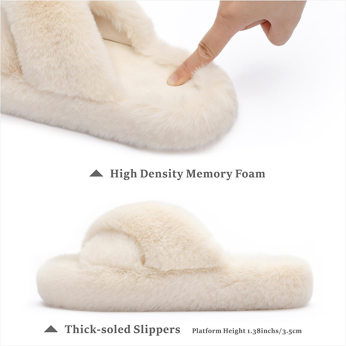 Chantomoo Women's Cross Slippers Memory Foam House Bedroom Slippers for Women Fuzzy Plush Comfy Faux Fur Lined Slide Shoes Anti-Skid Sole Trendy Gift Slippers Beige Size 9 10 8.5