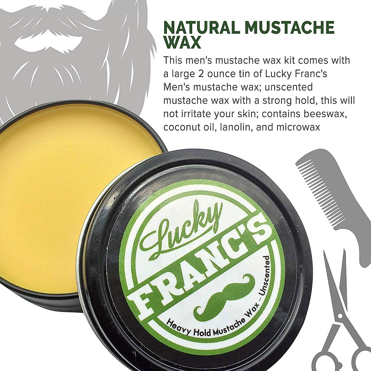 Lucky Franc's 2 oz. Strong Hold Mustache Wax and Real Ox Horn Comb Grooming Set. Wax that Stache in Style. Unscented Natural Moustache Wax and Stache or Beard Comb. Handmade Gift Set for Men