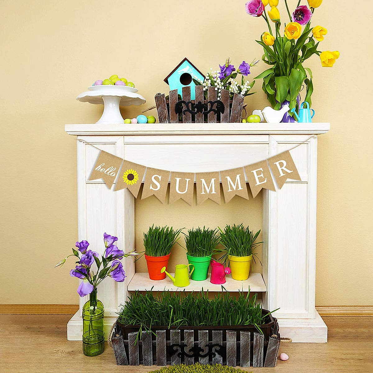 Jute Burlap Hello Summer Banner with Sunflower Summer Party Mantel Fireplace Decoration
