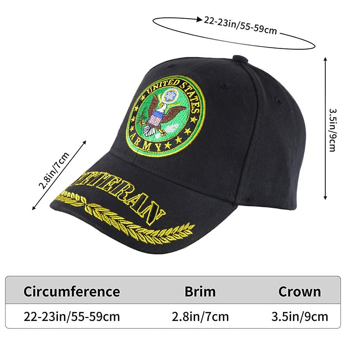 US Army Veteran Hat for Men and Women,Officially Licensed Product, Adjustable Strap Baseball Cap - Embroidered Army Baseball Cap Beautifully Stitched Lettering on Front and Back (Black)