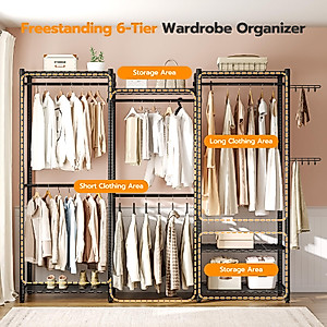 HOOBRO Heavy-Duty Clothes Rack, Freestanding 6-Tier Closet Organizer, Metal Clothing Rack with Shelves and Hanger Rods, Multi-Functional Bedroom Garment Rack, Max Load 800 lb, Black BK03LY01