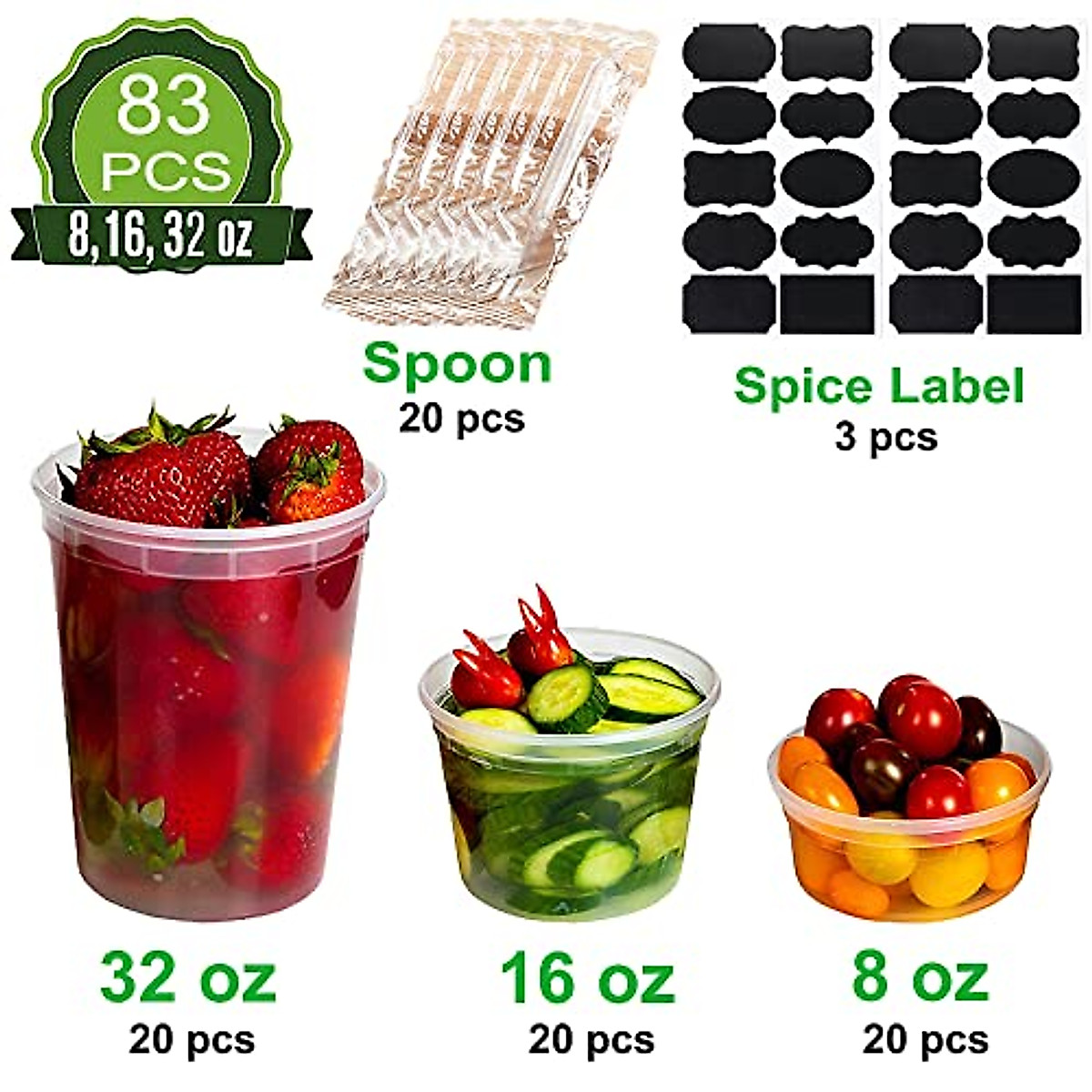 Quunoot [83 Packs, 3 Sizes] Deli Food Storage Containers with Lids - 32oz, 16oz, 8oz Deli Food Containers with Spoons and Labels, BPA Free | Leak-Proof | Microwave Dishwasher Freezer Safe