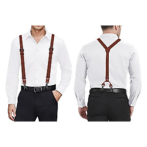 MUNION Leather Mens Suspenders Heavy Duty Y Design Adjustable with 4 Metal Snap Hooks Vintage Mens Suspenders Braces Big and Tall Groomsmen Gift for Wedding, Black