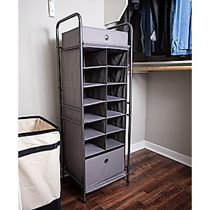 BIRDROCK HOME 12 Cubby Vertical Shoe Rack Organizer with Large Drawer - Grey - Free Standing Tower for Closet - Sturdy Metal Frame - Space Saver - Bedroom Organization