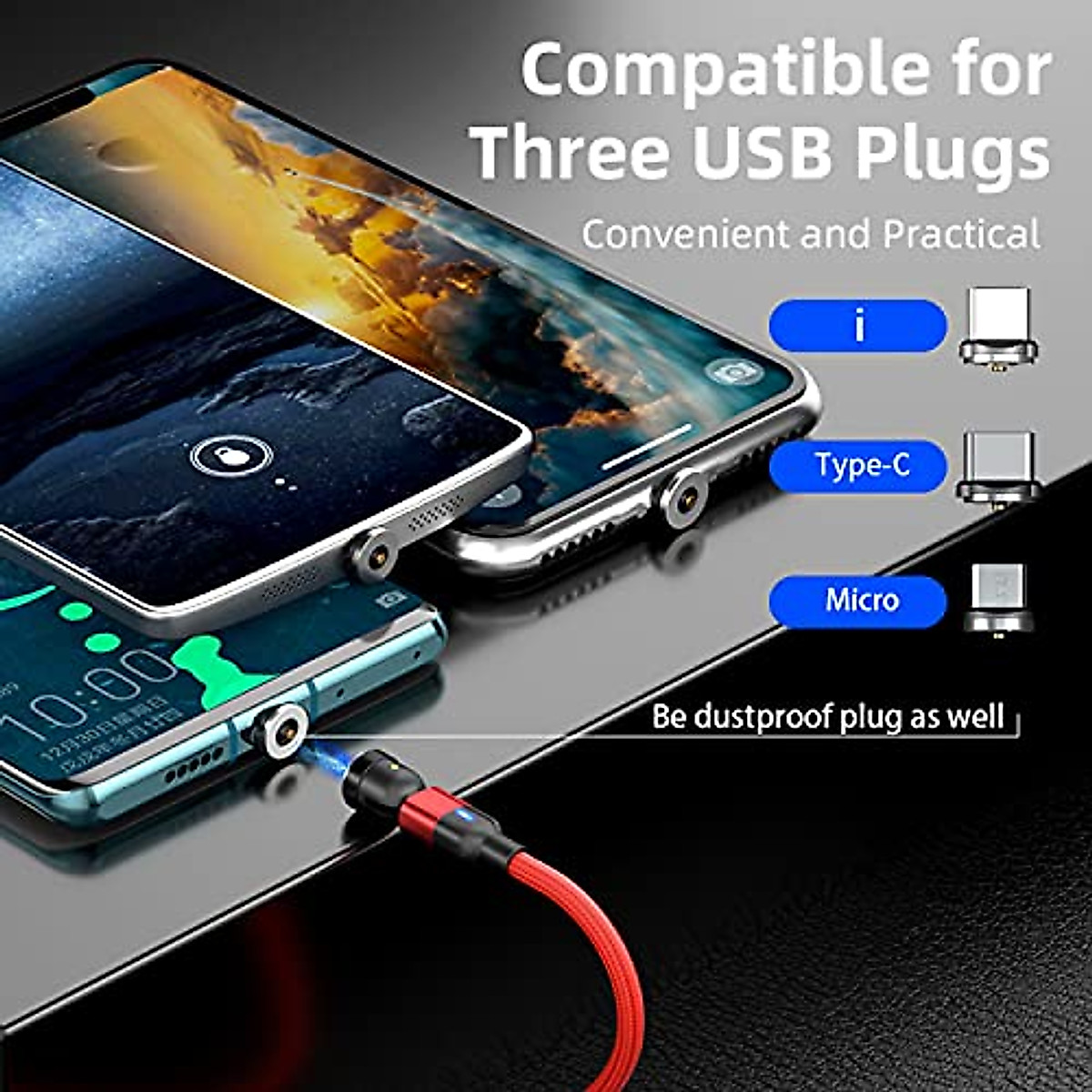 Bojianxin 540° Rotation Magnetic Charging Cable（7-Pack, 1.6ft/3.3ft/3.3ft/6.6ft/6.6ft/10ft/10ft） Magnetic USB Cable, 3 in 1 Magnetic Phone Charger Compatible with Micro USB, Type C etc