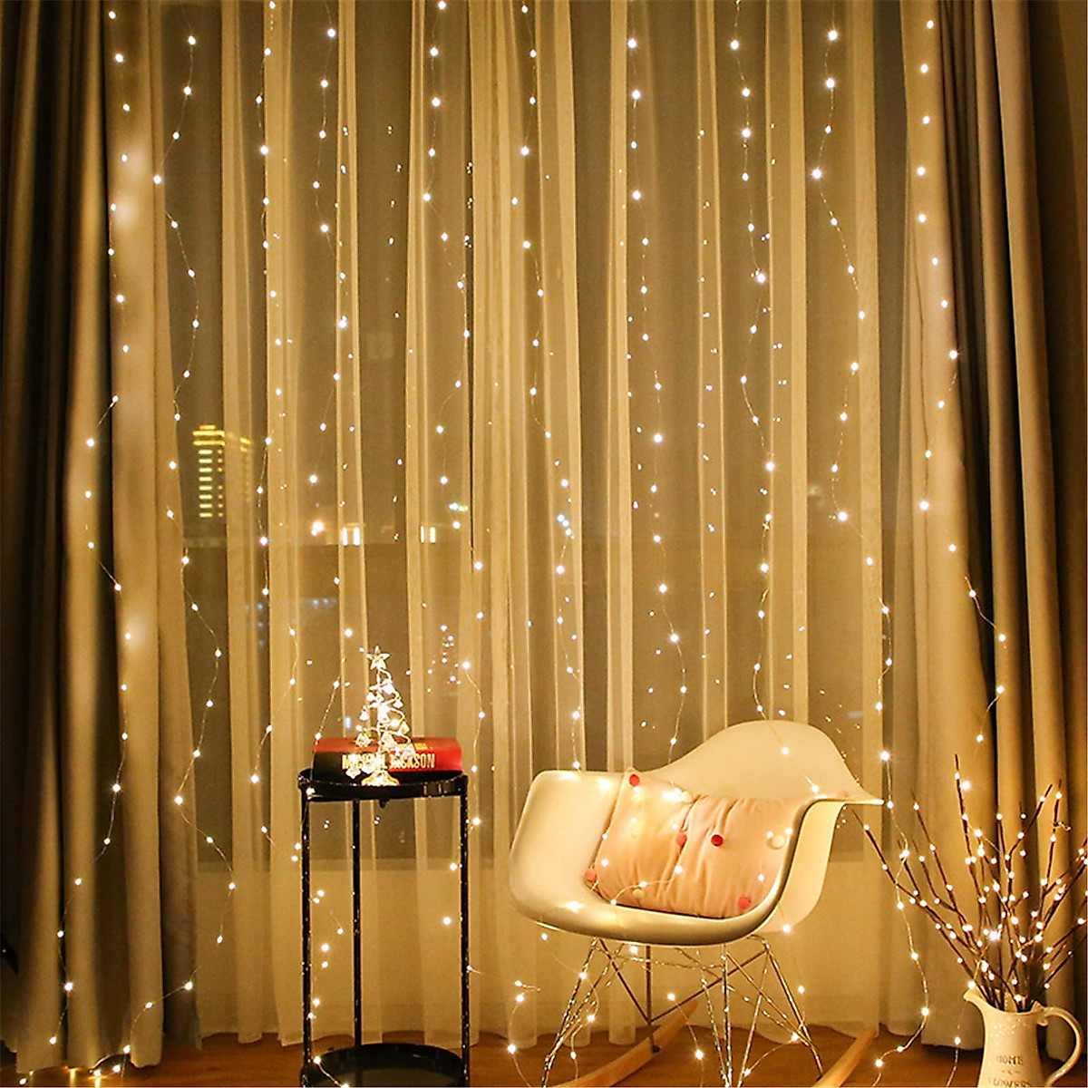 Led Curtain Lights, 300 LED Curtain String Light with 8 USB Modes Remote for Christmas Bedroom Party Wedding Home Garden Wall Decorations(Warm White)