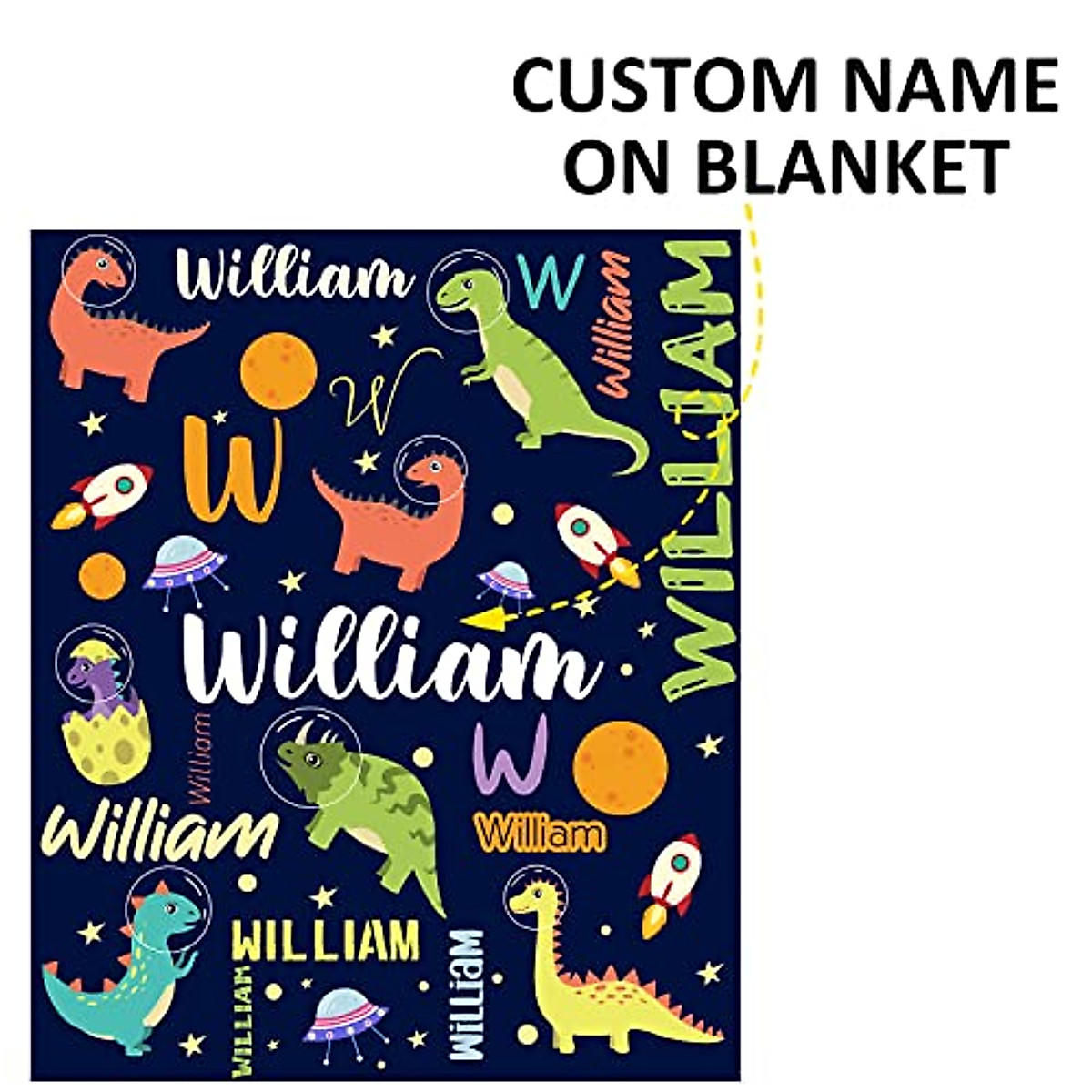 Personalized Dinosaur Throw Blanket for Boys Custom Name Soft Flannel Blanket for Kids Dino Outspace Plush Navy Blue Blanket Gift Birthday Christmas Baby Toddlers Nursery Room Decor, 40 x 50inch