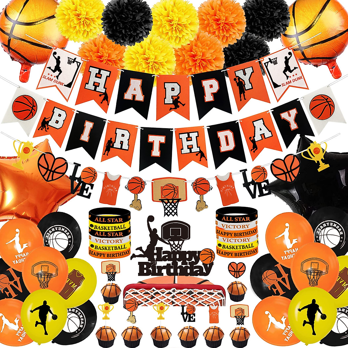 BORAMDO Basketball Party Decorations Pack, Basketball Birthday Party Supplies Including Basketball Felt Birthday Banner, Cake Toppers, Tissue Pom Pom Flowers (Basketball Birthday Party Set)