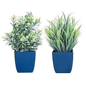 summer flower 2 Pack Fake Plants in Pot Small Artificial Eucalyptus Potted Plant Faux Rosemary in Pot Greenery for Home Decor Indoor Office Shelf Table Desk Bathroom Decoration (Blue-2)