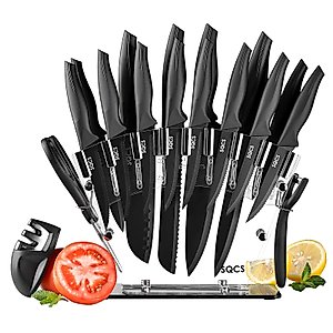 Rainbow Knife Set 18 Pcs Kitchen Knives Set Sharp Stainless Steel Knife Sets Contain 8 Steak Knives Sharpener Peeler Clear Acrylic Stand Beautiful Knife Best Gift (Black 18PCS Set)