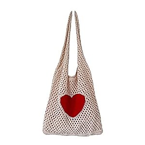 Y2K Accessories Fairy Grunge Bag Aesthetic Tote Bag Boho Shoulder Bag Hobo Knit Handbag Crocheted Hollow Cute Tote Bag Heart Print Shopping Bag (Off-white)