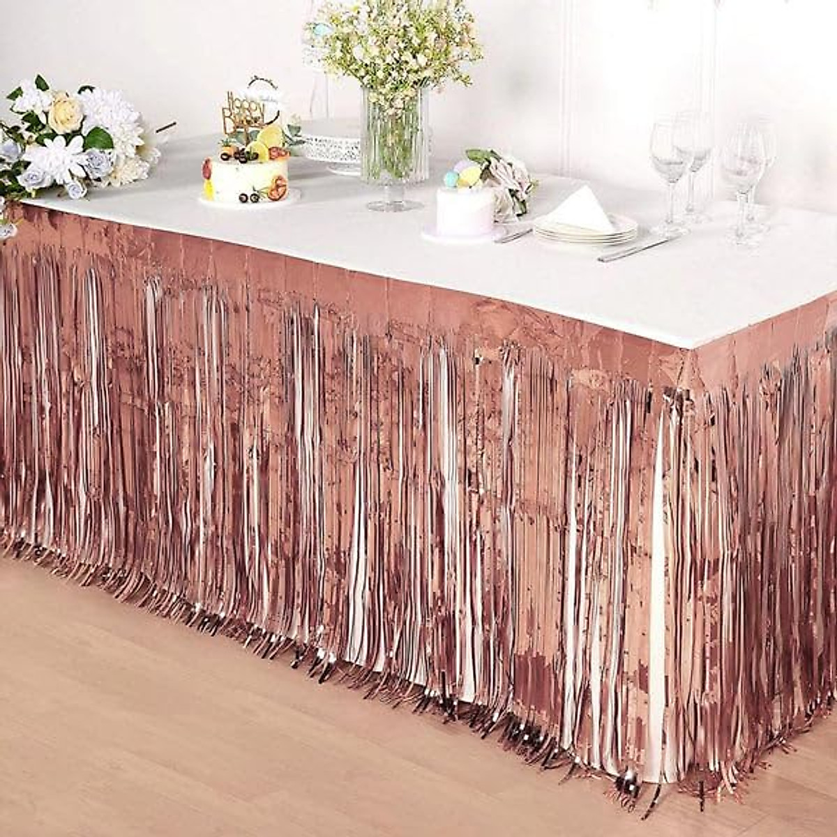 Tableclothsfactory 30" x9FT Metallic Foil Fringe Table Skirt, Self Adhesive Party Table Skirt - Blush | Rose Gold