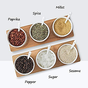 TAMAYKIM 8 OZ Porcelain Condiment Jars, Seasoning Boxes with Spoons and Bamboo Cover, Ceramic Sugar Bowls with Lid, Condiment Container for Kitchen, Pack of 6