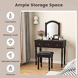 CHARMAID Makeup Vanity Desk with Mirror and Stool, 34'' Wide Vanity Table Set with Large Mirror, 3 Drawers, Cushioned Stool, Solid Wood Legs, Bedroom Dressing Table, Gift Idea (Espresso)